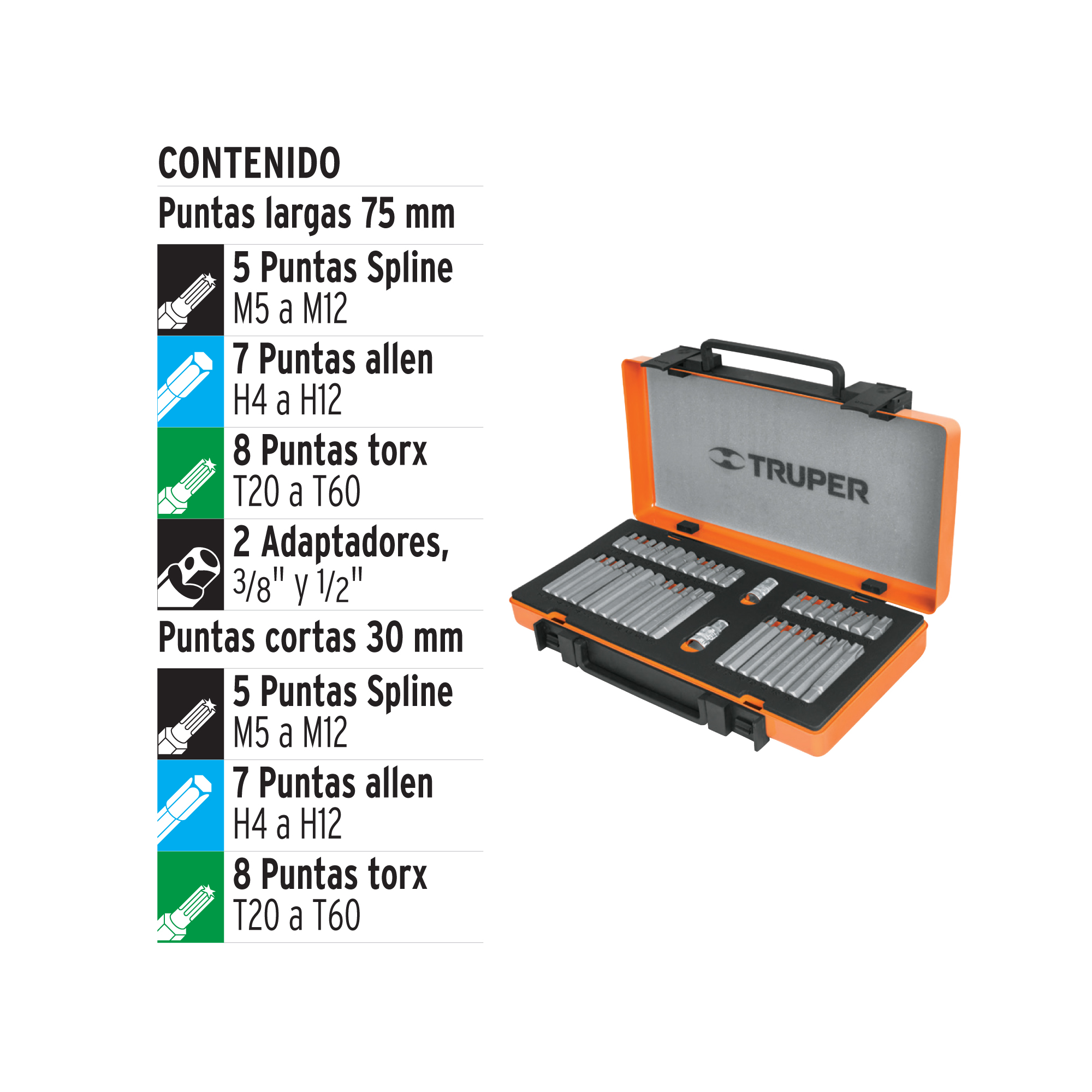 Juego De 42 Puntas, Spline, Bristol Y Torx, Estuche Metálico Truper ...